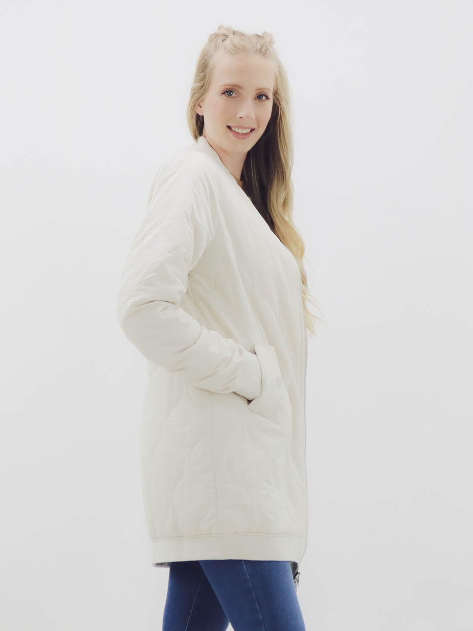 Mystree Long Quilted Bomber Jacket - Ivory