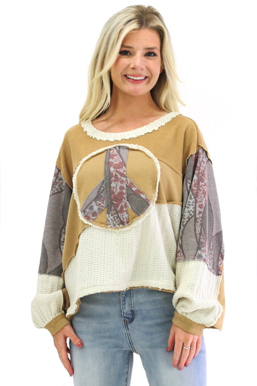 Peace Out Multi Textured Pullover Sweatshirt - Trendy Threads Inc
