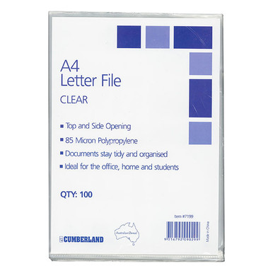 Cumberland Letter File A4 Side Opening Clear Pack 100