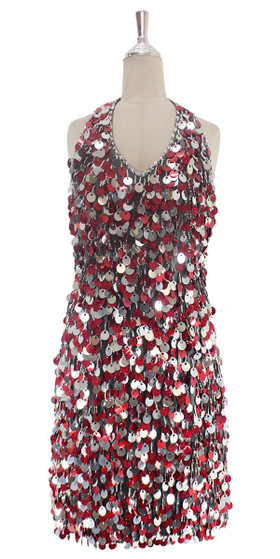 A short handmade sequin dress, in 20mm silver and hologram red sequins ...