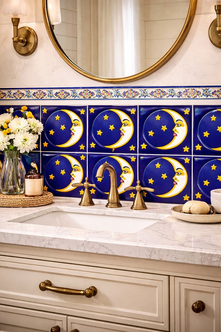 Talavera Crescent Moon Mexican Tile | Handcrafted Celestial Design