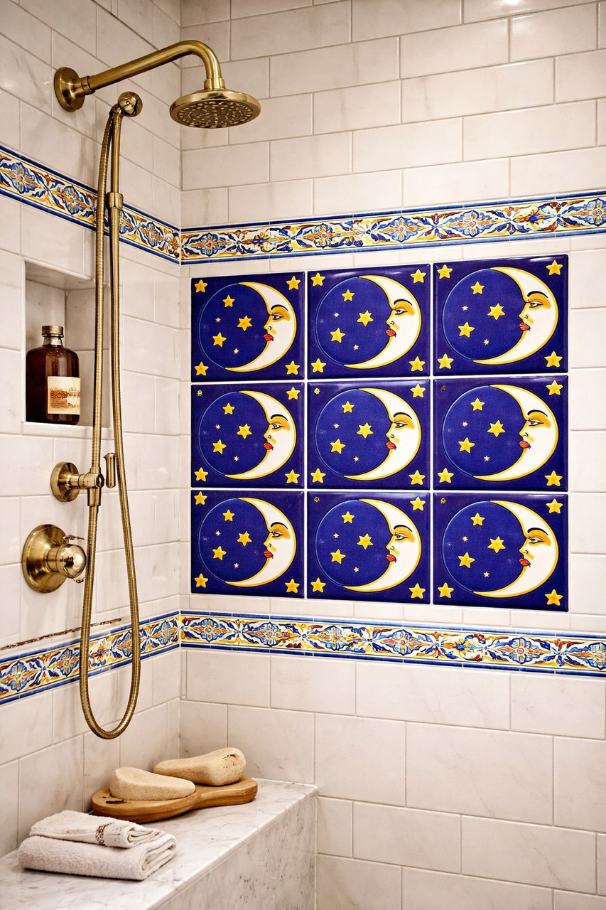 Talavera Crescent Moon Mexican Tile | Handcrafted Celestial Design