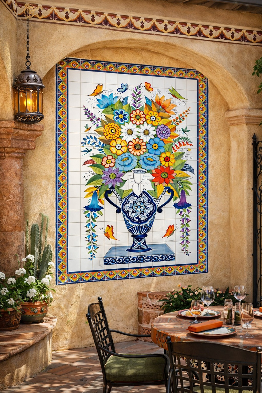 Mexican Floral Vase Talavera Tile Mural