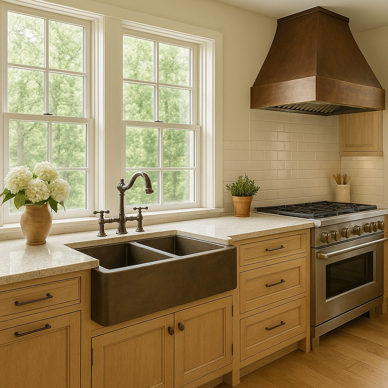 Apron Copper Kitchen Sink with Main and Prep Basins | Hand-Hammered ...