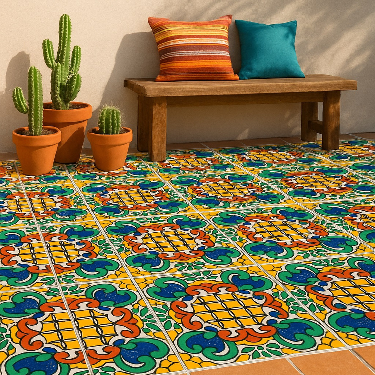 Yellow Grid Floral Talavera Tile | Hand-Painted Mexican 4×4 Ceramic ...
