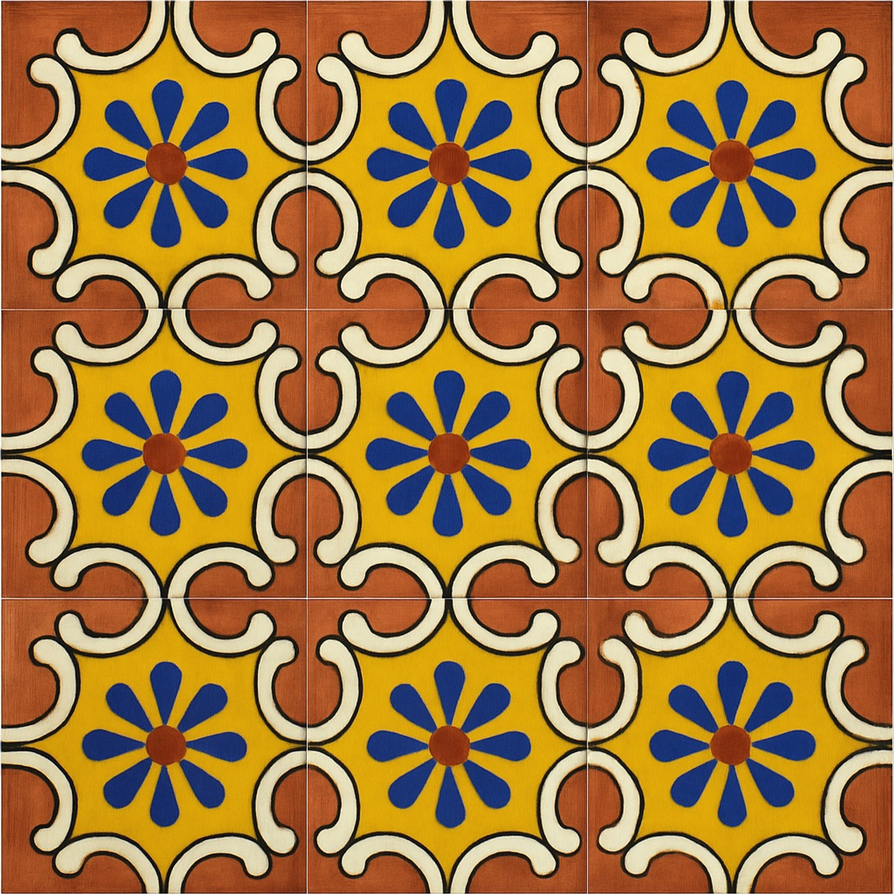Yellow Floral Star Scroll Tile – Handcrafted Mexican Ceramic - Rustica House