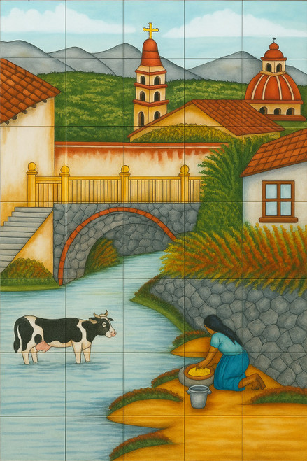 Talavera Tile Mural – River Village Scene | Hand-Painted Mexican Art