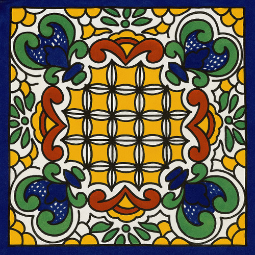 Mexican Talavera Tile with Yellow Grid Floral Design
