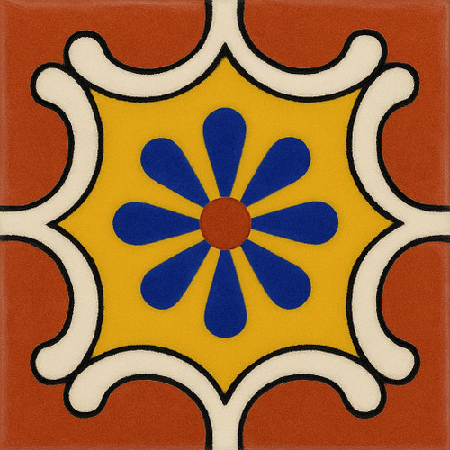 Mexican Yellow Floral Star Scroll Tile Design