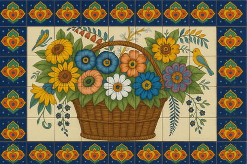 Mexican Tile Mural Basket of Flowers | Handcrafted Talavera Art