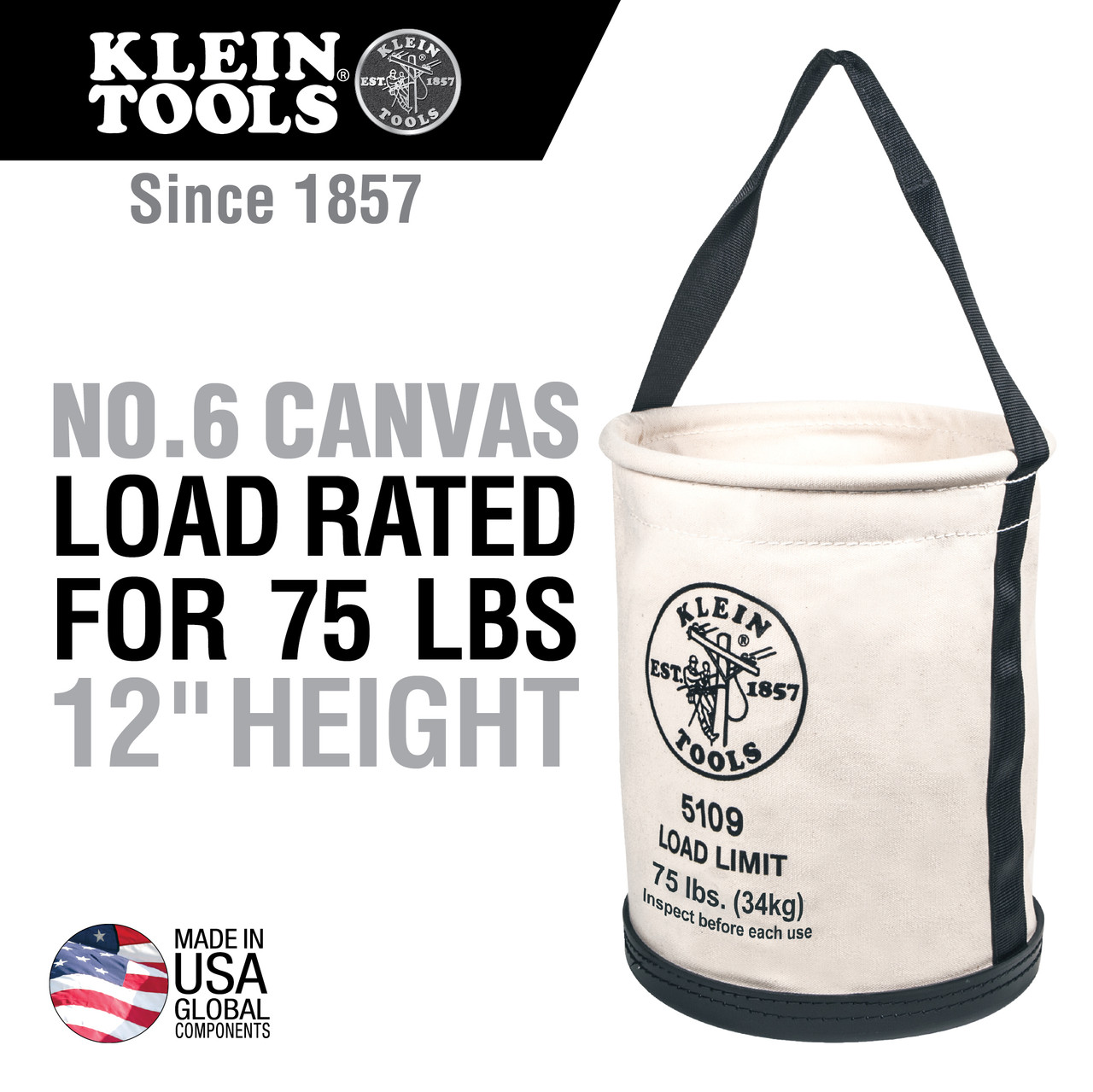 Klein Tools 5109 Canvas Bucket, Wide-Opening, Straight-Wall, Molded ...