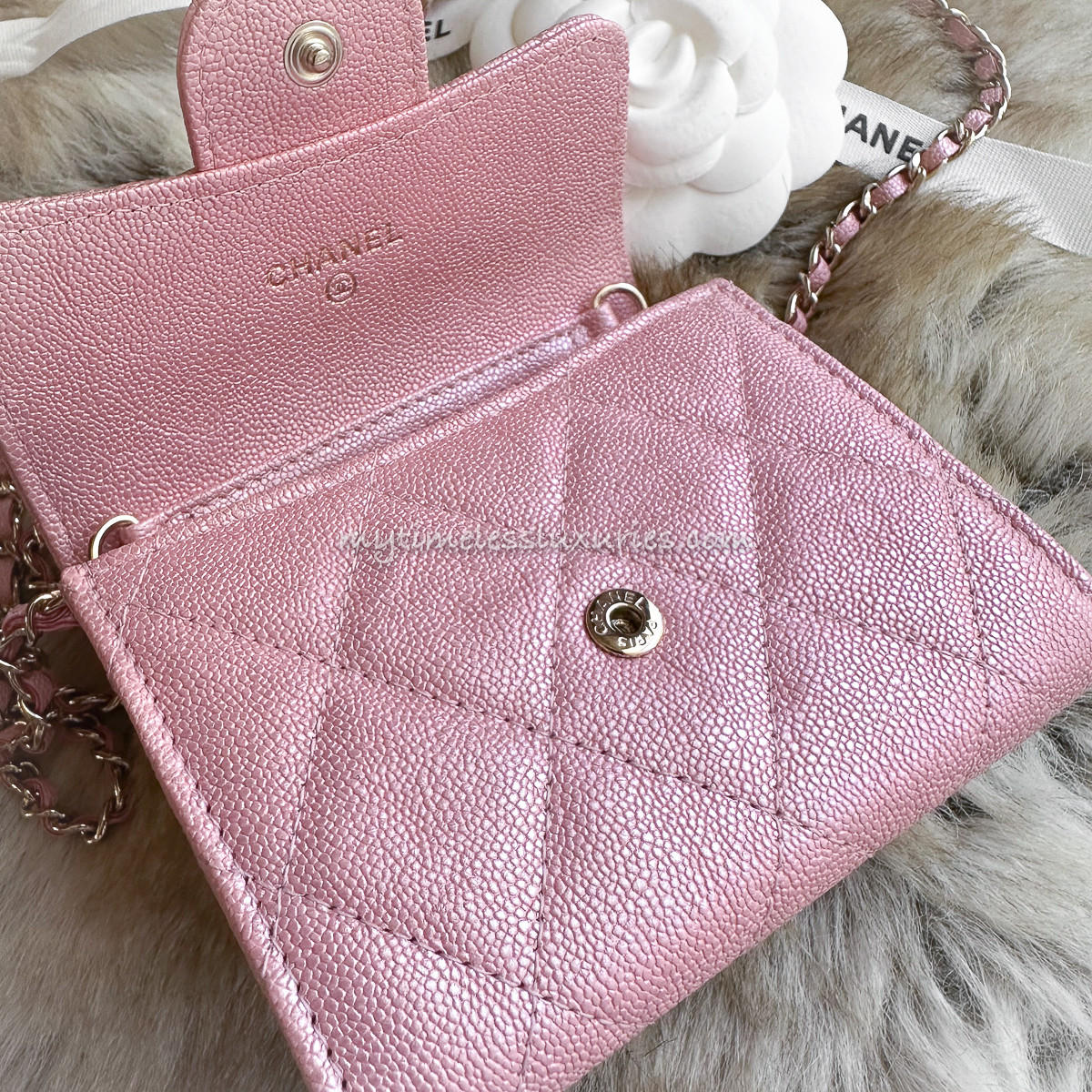 CHANEL 19S Iridescent Pink Card Holder w Chain *New - Timeless Luxuries