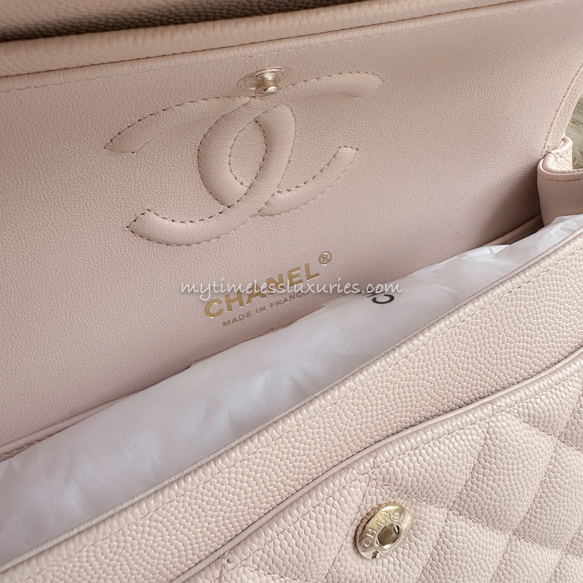 CHANEL 22C Beige Caviar Small Classic Flap LGHW *New - Timeless Luxuries