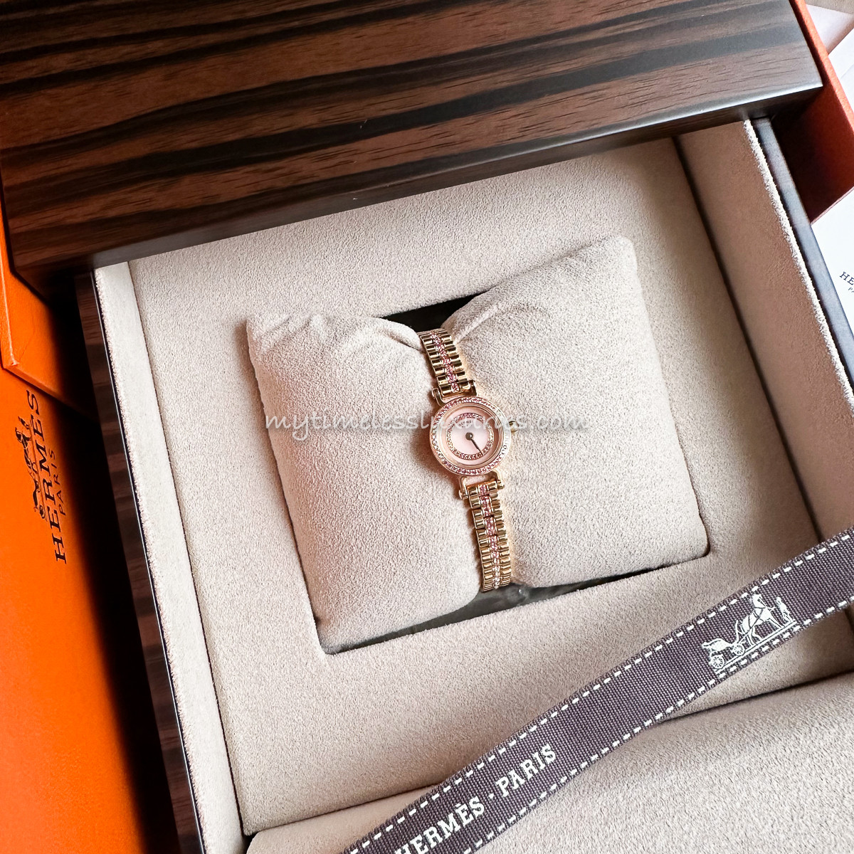 HERMES Faubourg Watch 15mm RG Pink Sapphires Diamonds