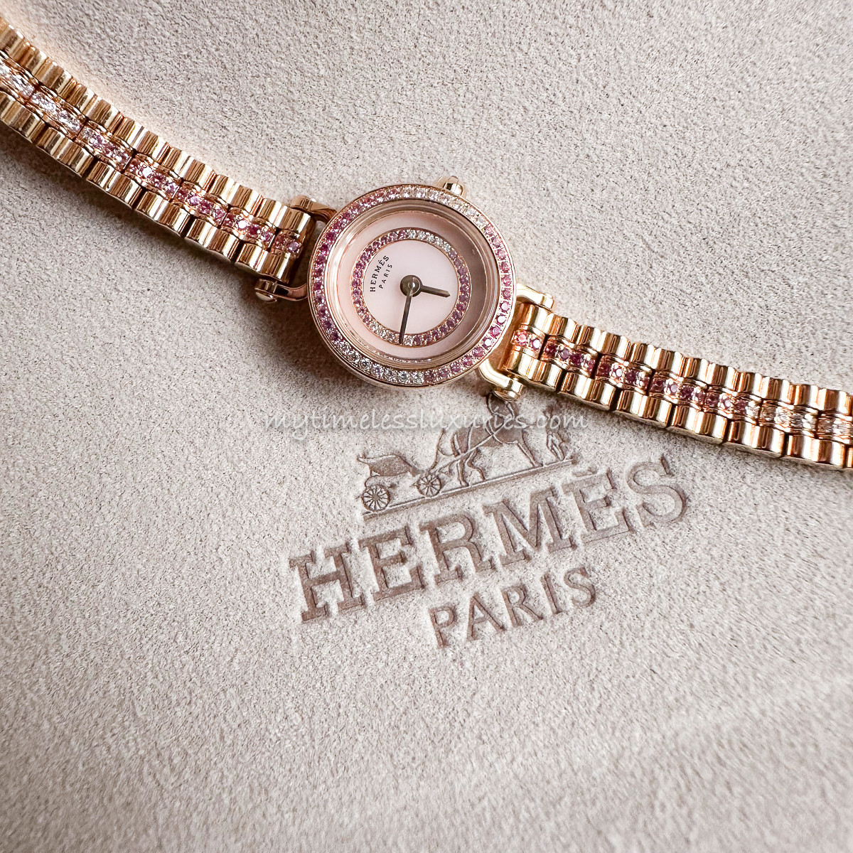 HERMES Faubourg Watch 15mm RG Pink Sapphires Diamonds