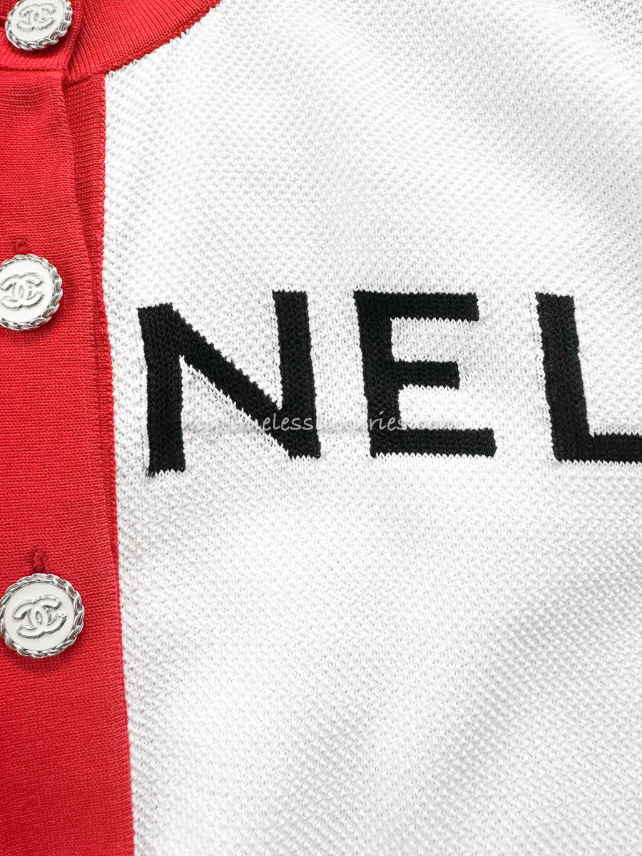 CHANEL 19S 'CHA NEL' Cotton Cardigan 40 White/ Red - Timeless Luxuries