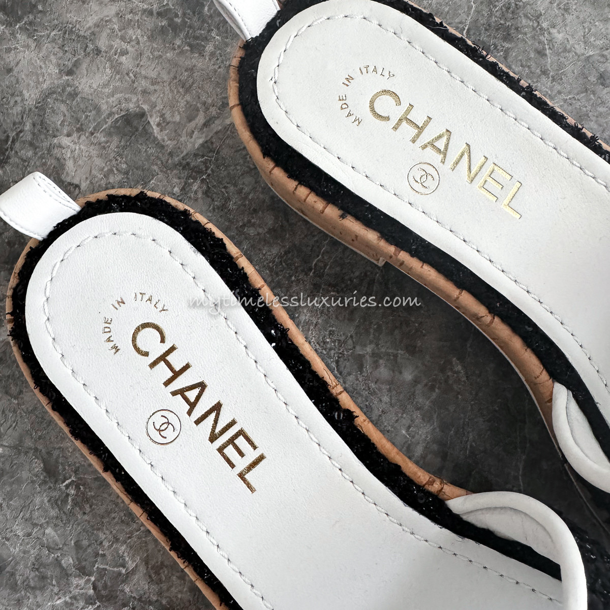 CHANEL 'CHA NEL' Interlaced Chain Logo & Tweed Sandals 39 *New ...