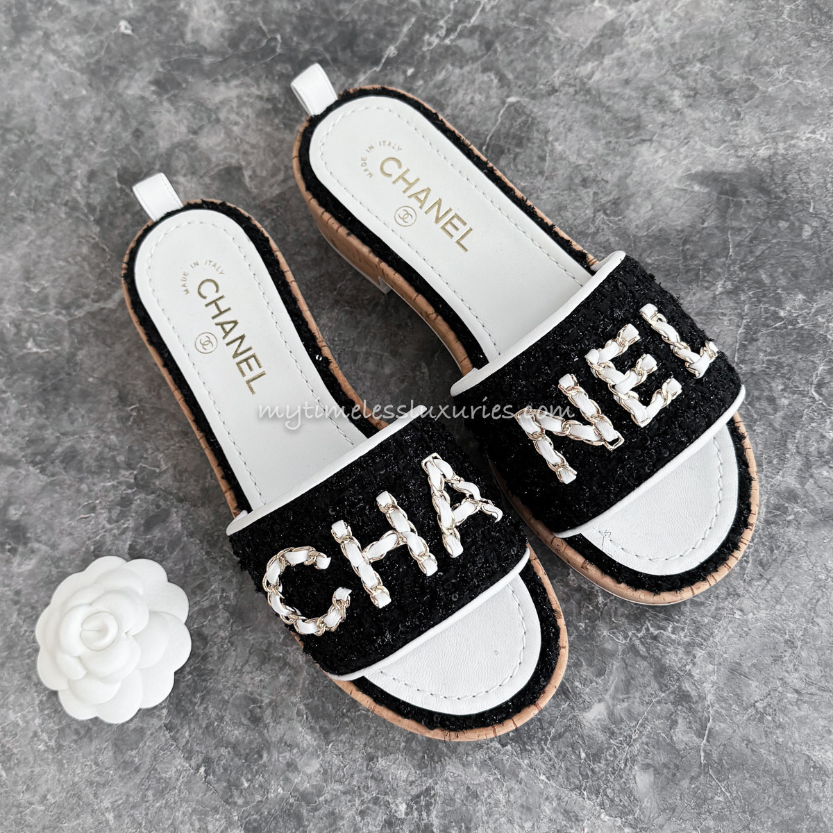 CHANEL 'CHA NEL' Interlaced Chain Logo & Tweed Sandals 39 *New ...