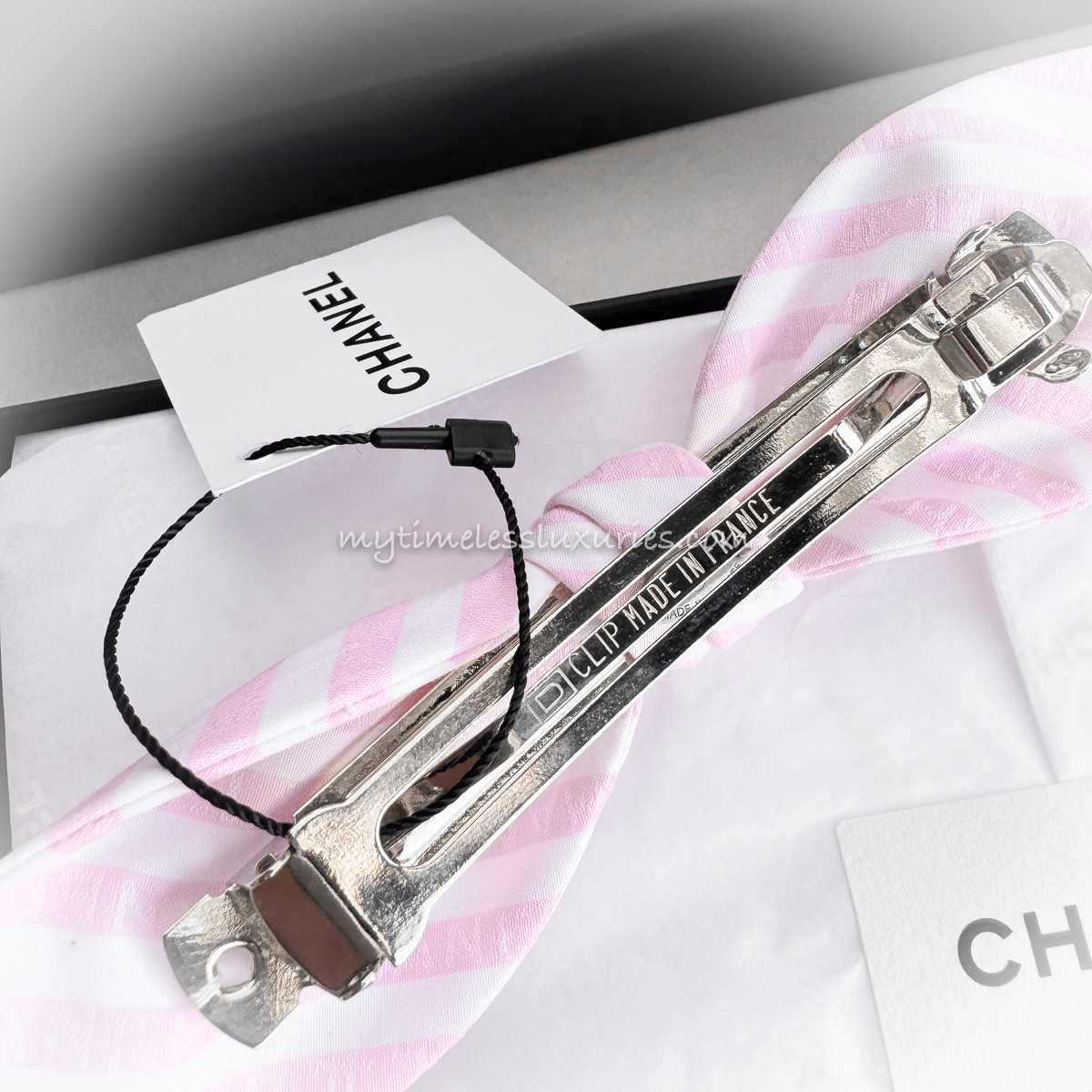 CHANEL 24C CC Logo Stripe Bow Hair Barrette*New - Timeless Luxuries