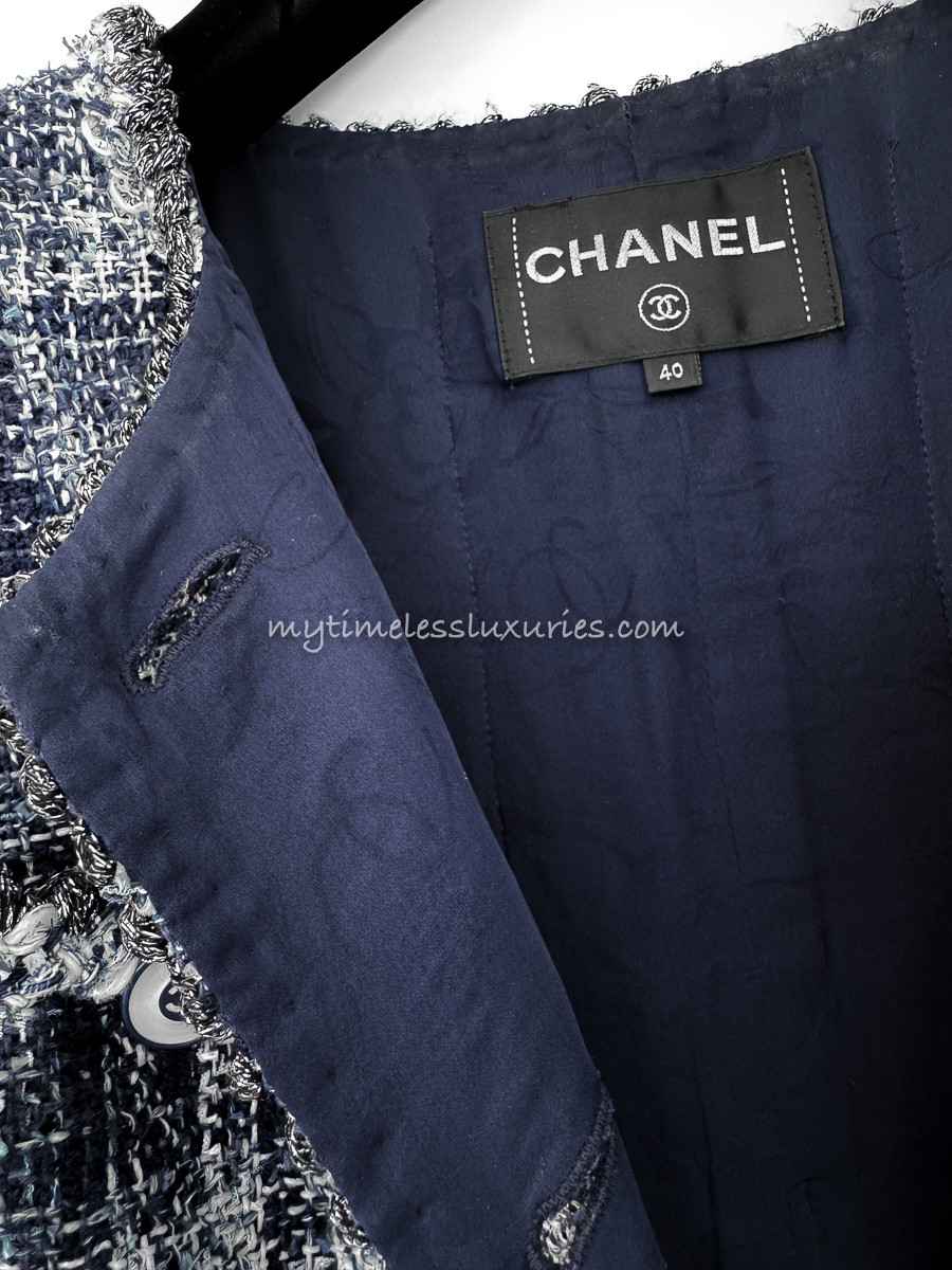 CHANEL 18P Fantasy Tweed Fringed Jacket 40 Blue - Timeless Luxuries