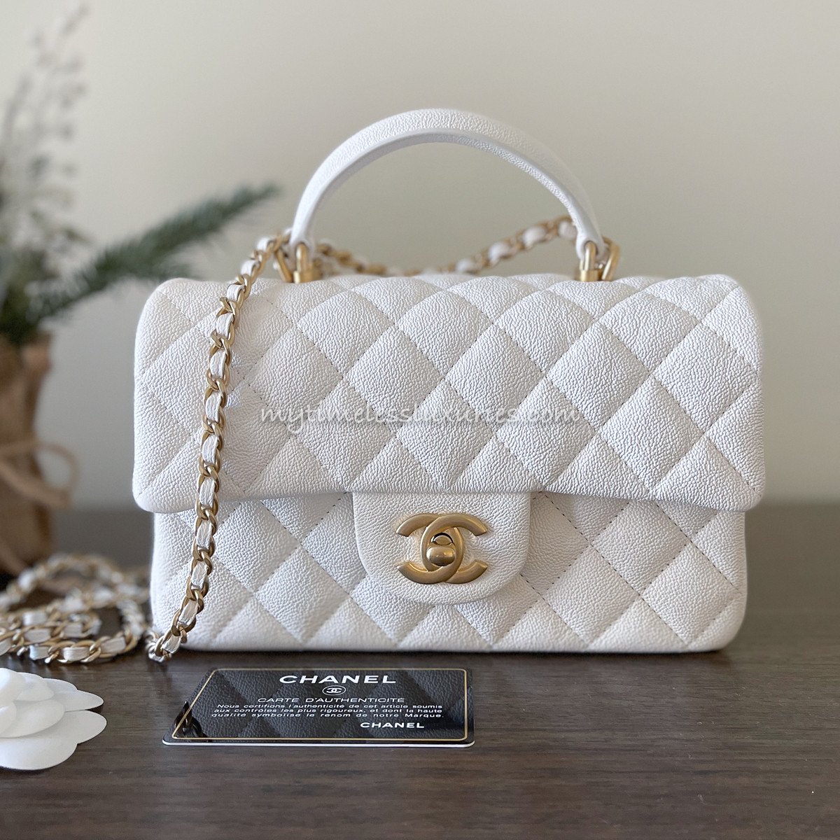 CHANEL 21S White Caviar Mini with Top Handle Aged Gold Hw - Timeless ...
