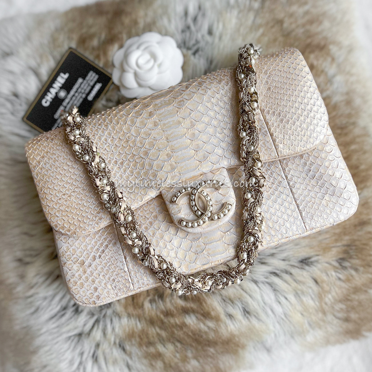 CHANEL Light Gold Python Westminster Pearls Flap Bag