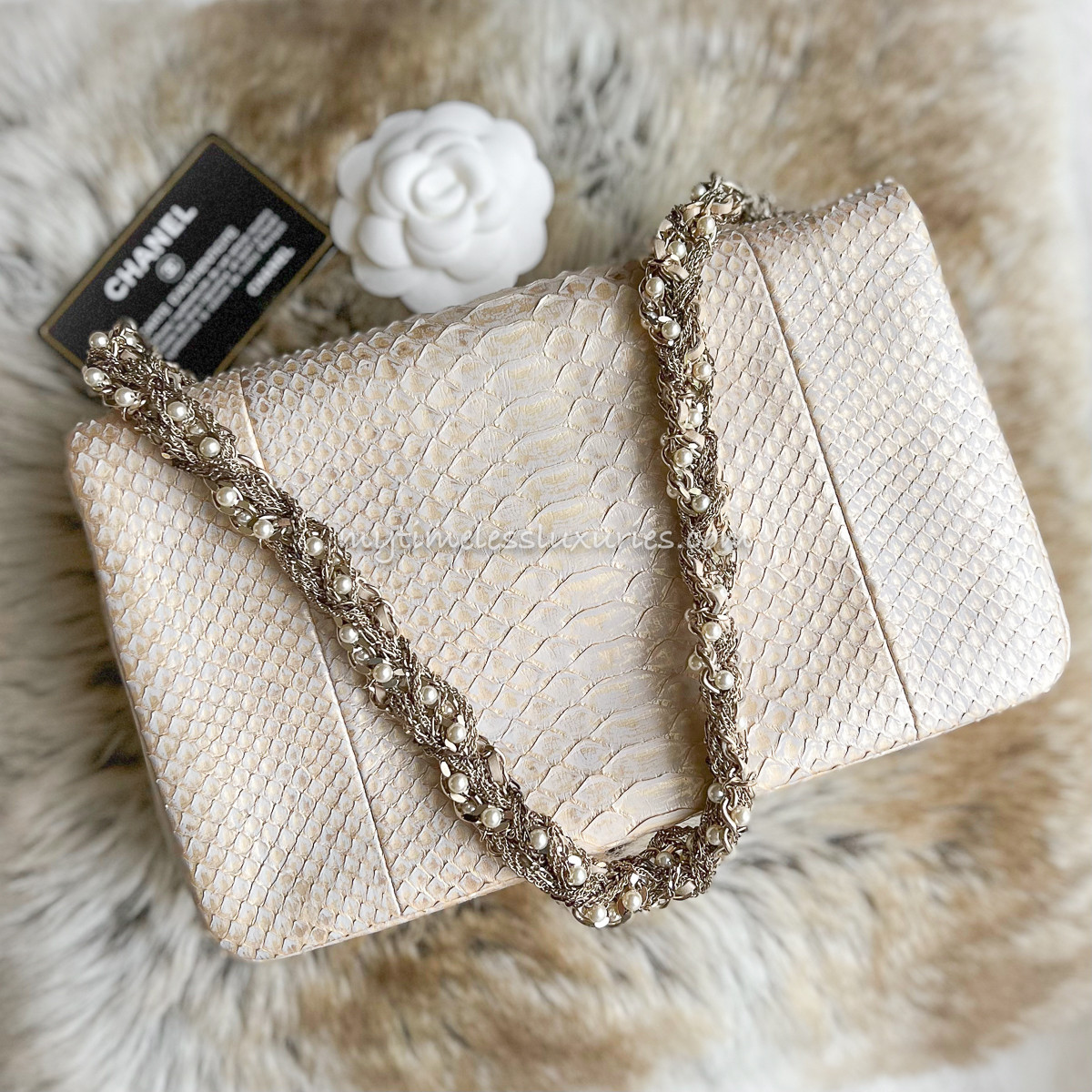 CHANEL Light Gold Python Westminster Pearls Flap Bag