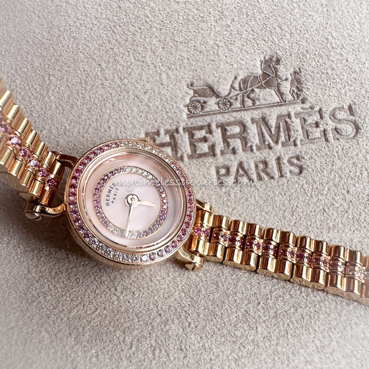 HERMES Faubourg Watch 15mm RG Pink Sapphires Diamonds