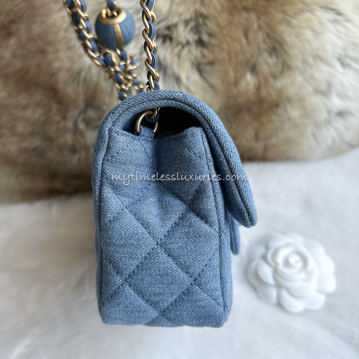 CHANEL 22C Denim Pearl Crush Rectangular Mini GHW New