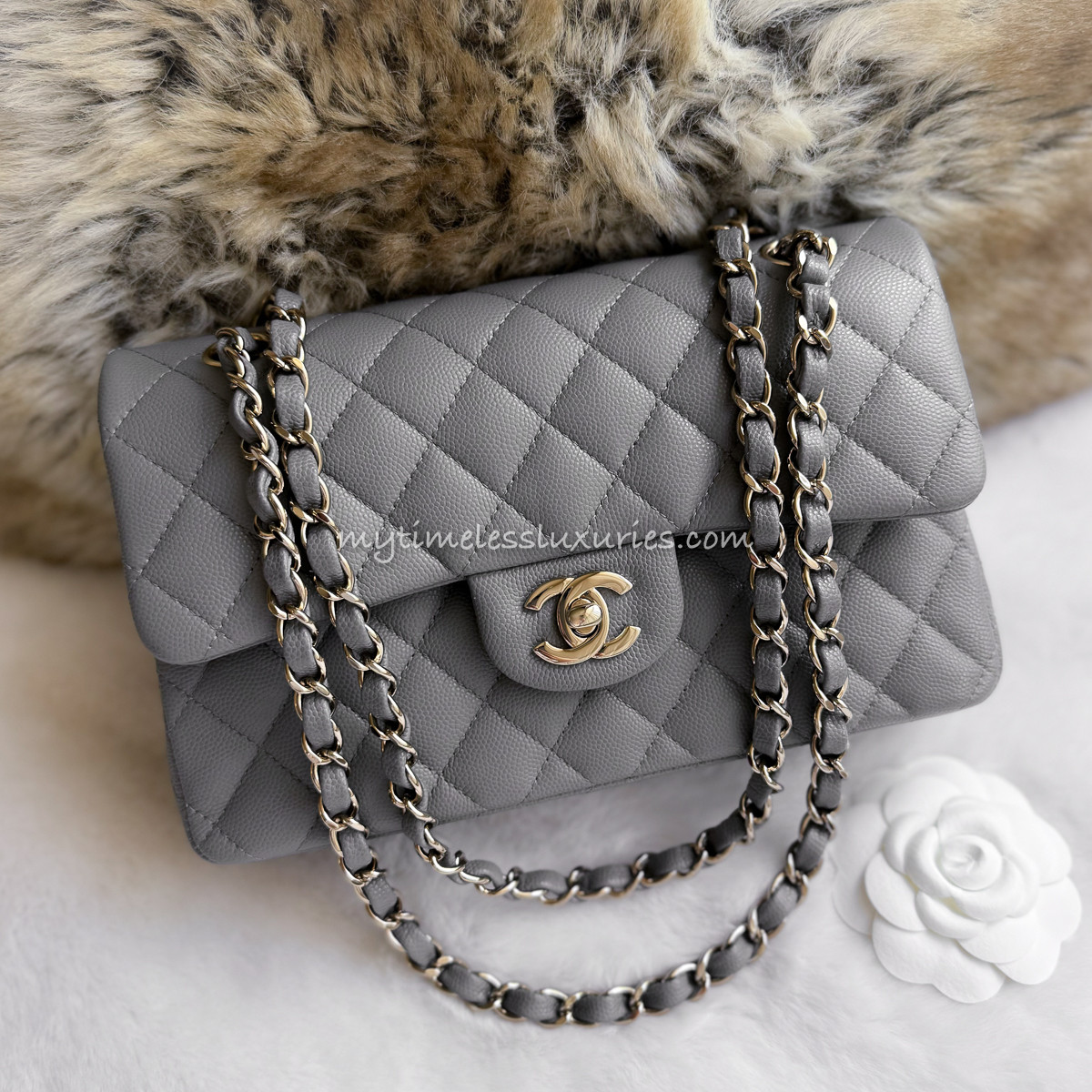CHANEL 20C Grey Caviar Small Classic Flap LGHW - Timeless Luxuries