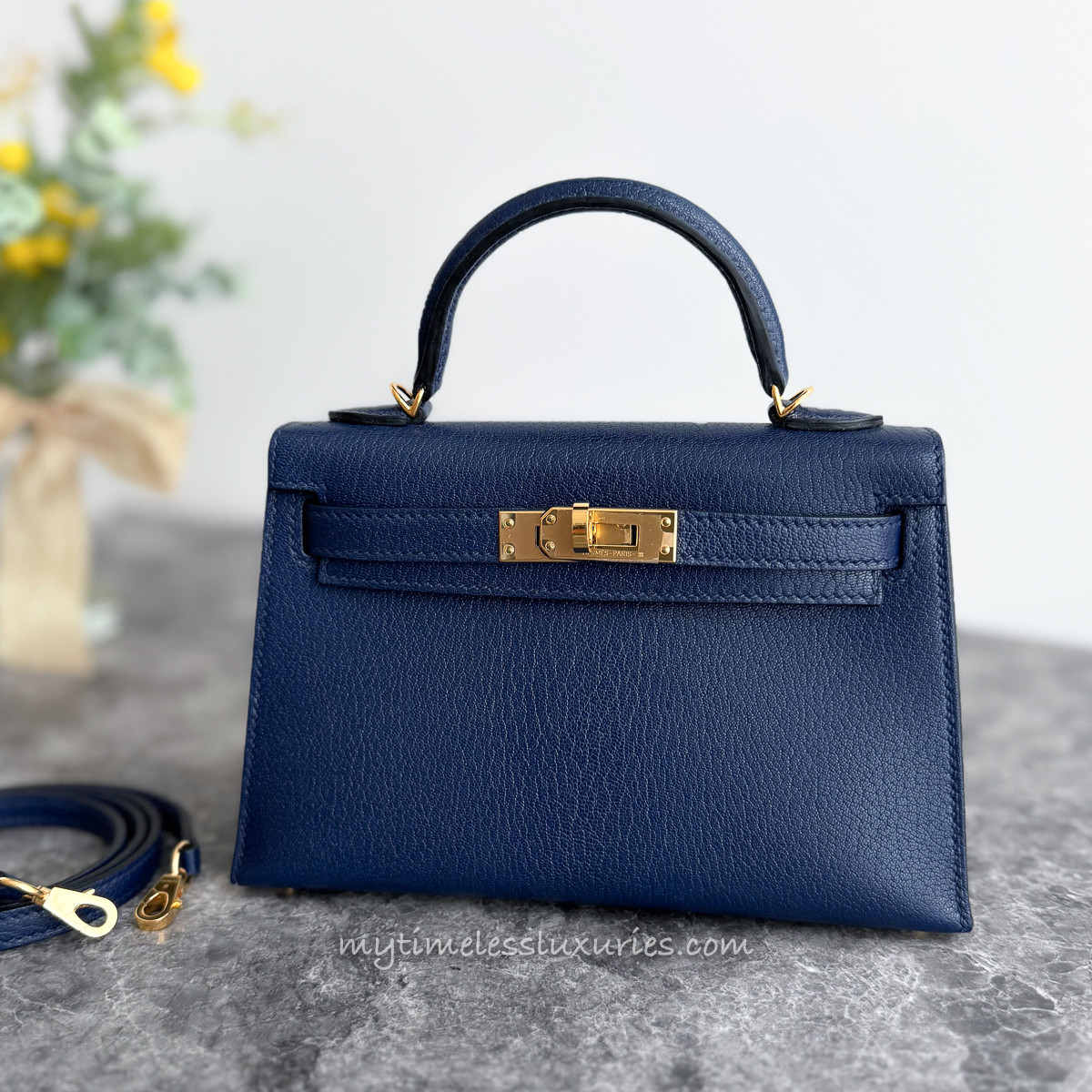 HERMES Mini Kelly II Chèvre Bleu Saphir GHW U - Timeless Luxuries