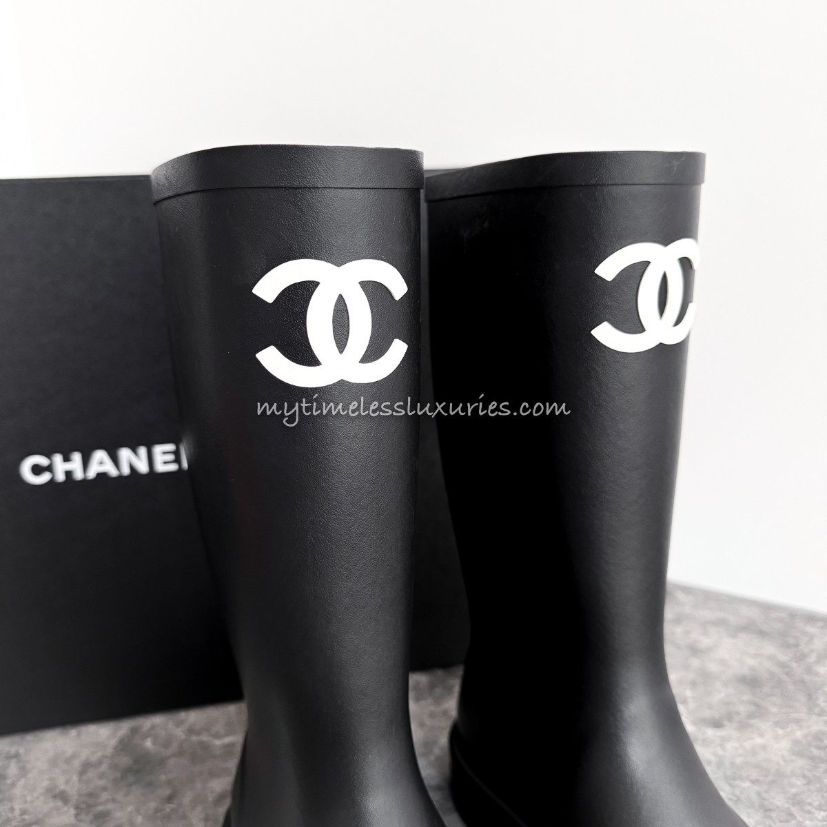 CHANEL CC Rubber Rain Boots 38 *New - Timeless Luxuries