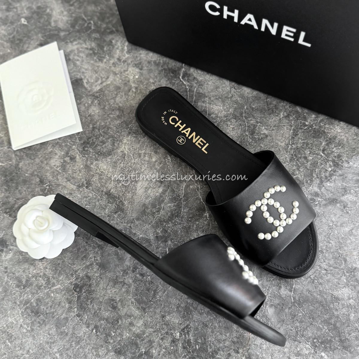 CHANEL Pearl CC Logo Flat Mule Sandals 37.5 *New - Timeless Luxuries