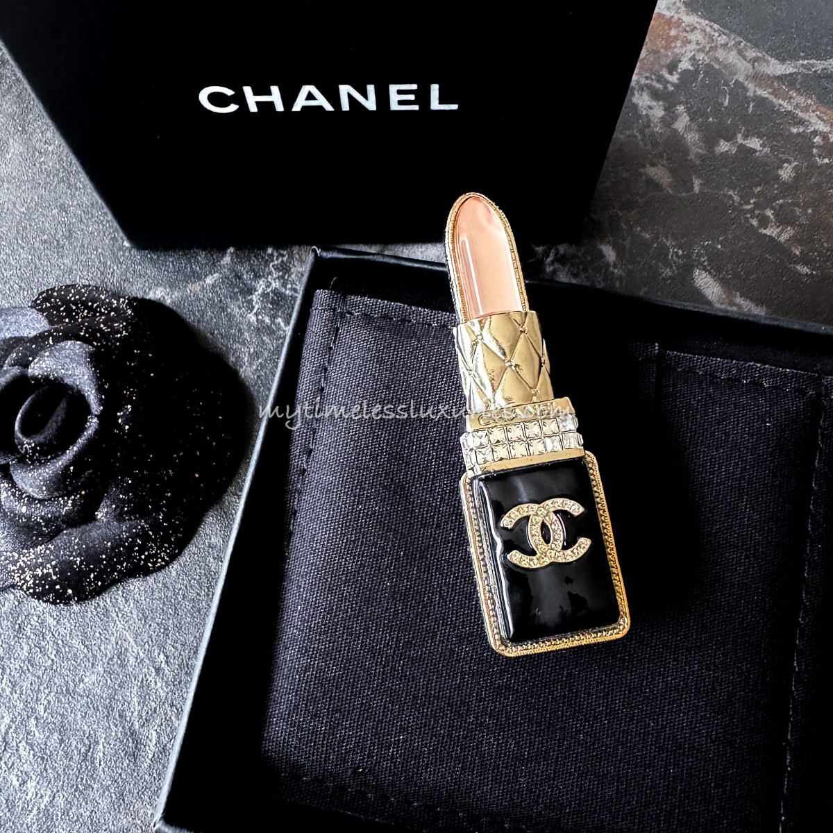 CHANEL Lipstick Brooch Lt Gold Crystals *New - Timeless Luxuries