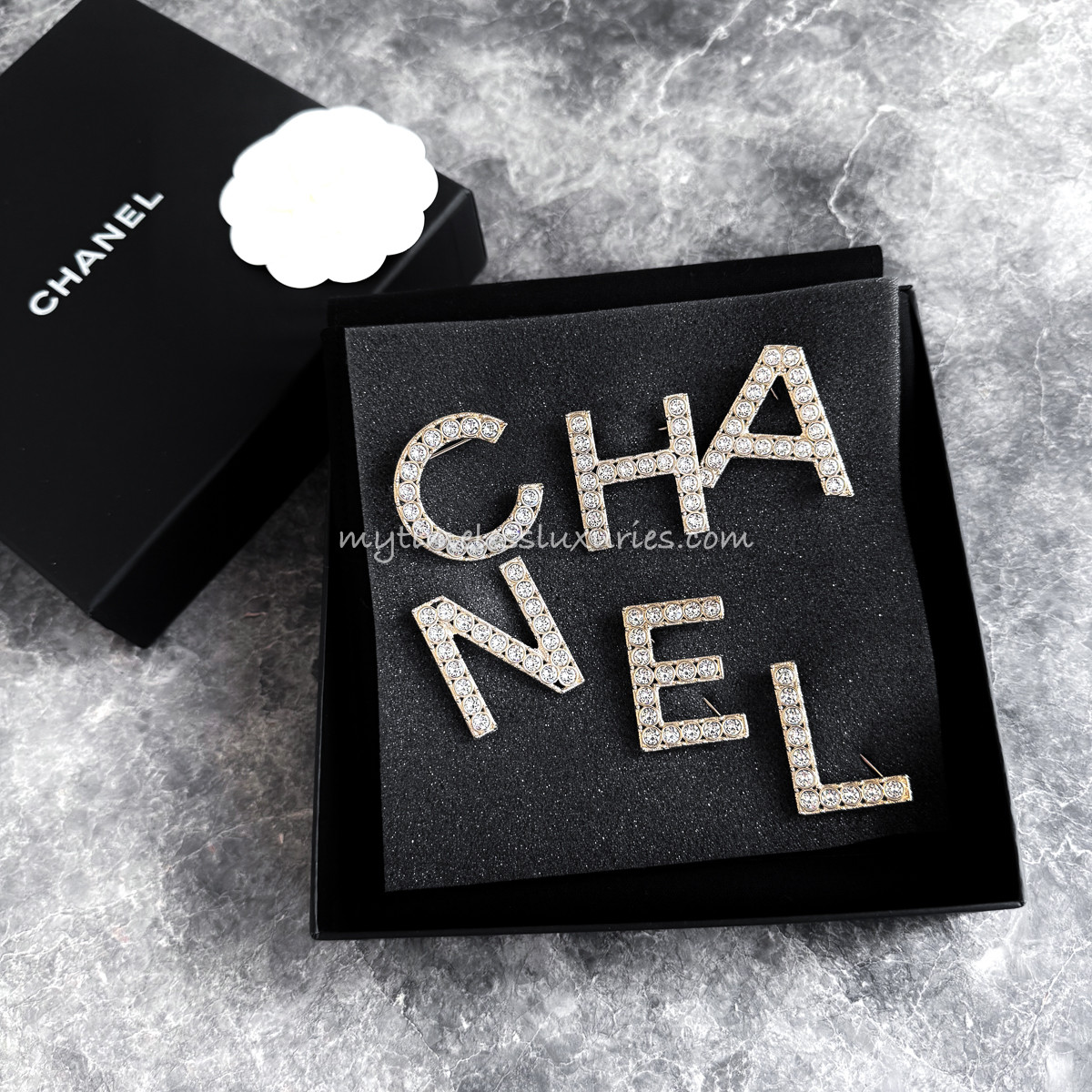 CHANEL Letter Logo Brooches Set of 6 Strass Crystals - Timeless Luxuries