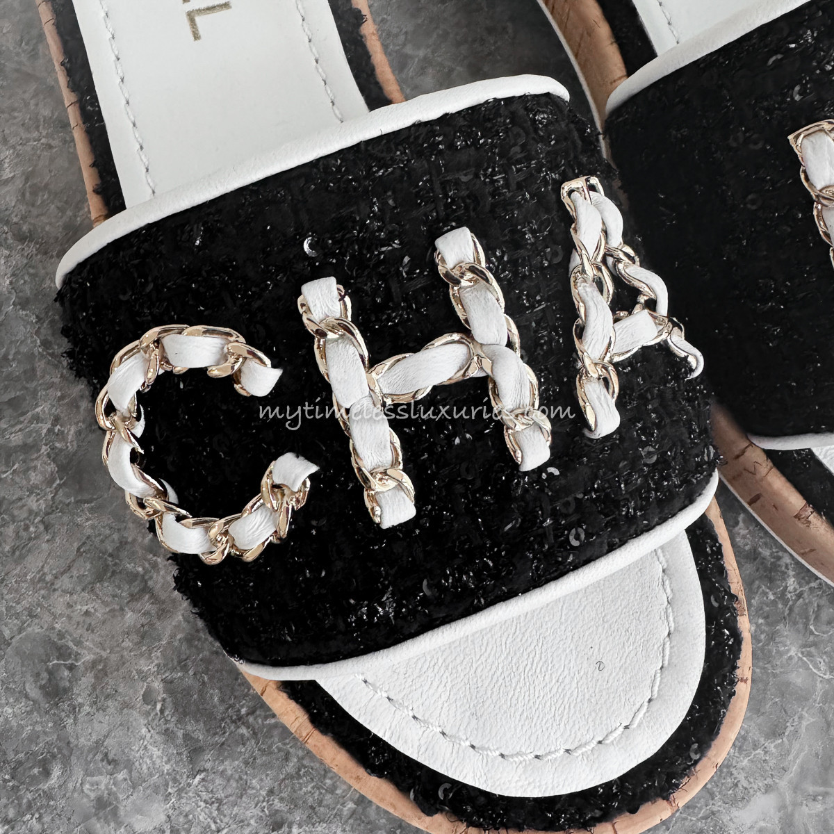 CHANEL 'CHA NEL' Interlaced Chain Logo & Tweed Sandals 39 *New ...
