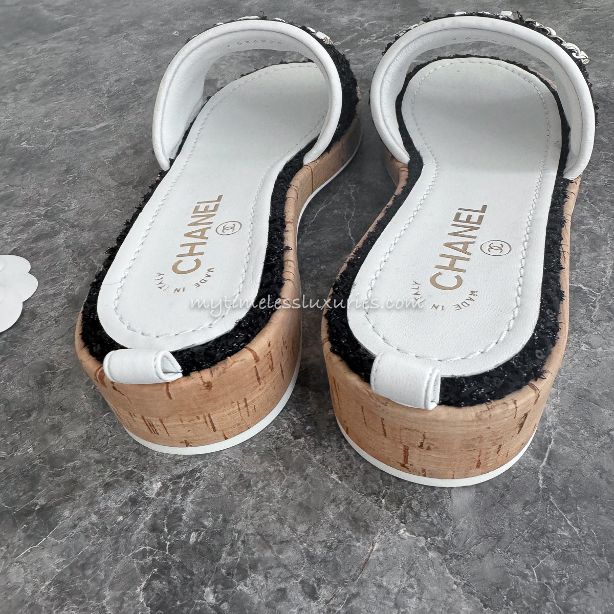CHANEL 'CHA NEL' Interlaced Chain Logo & Tweed Sandals 39 *New ...