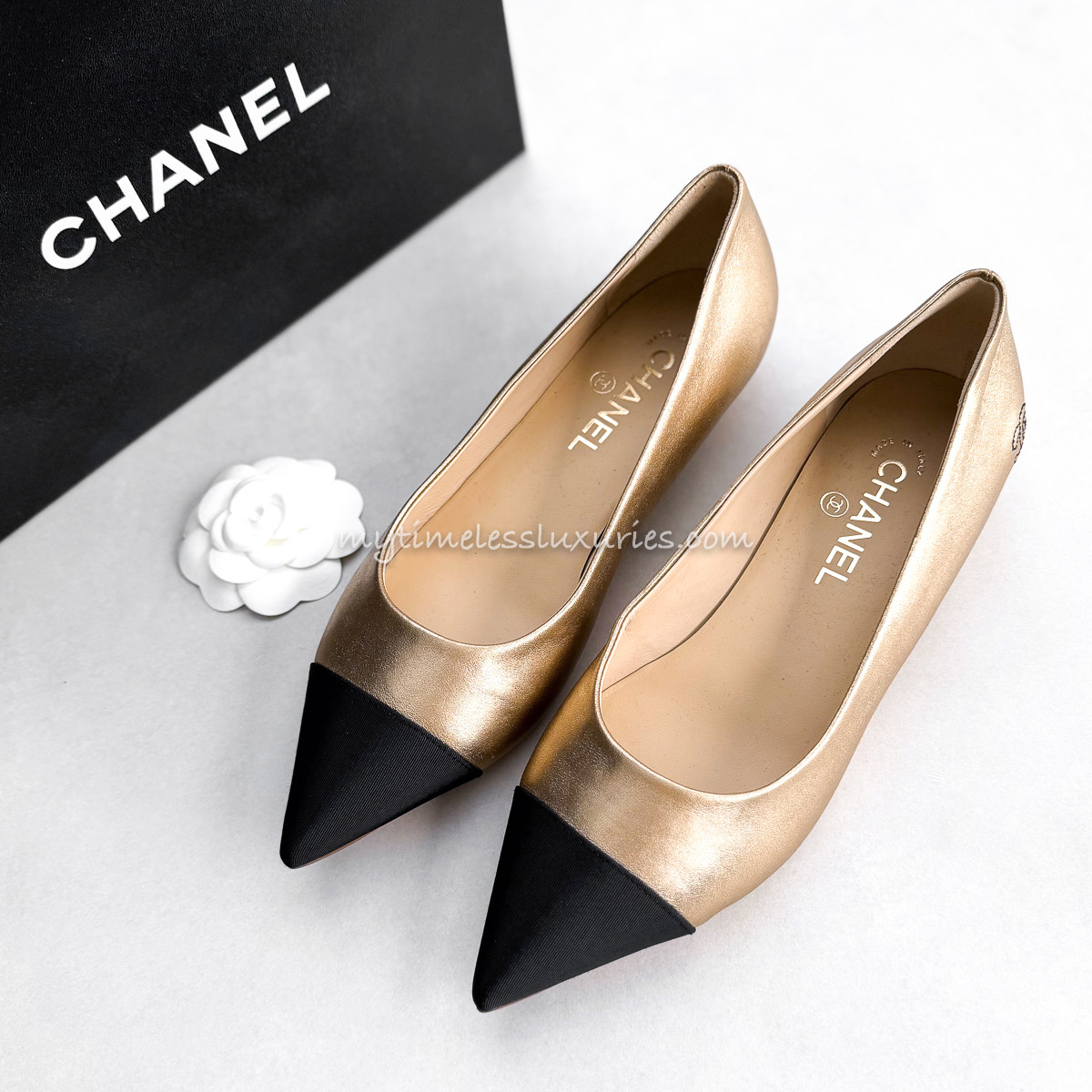 CHANEL Two Tone Pointed Toe Ballet Flat Gold/ Black 39.5 *New ...