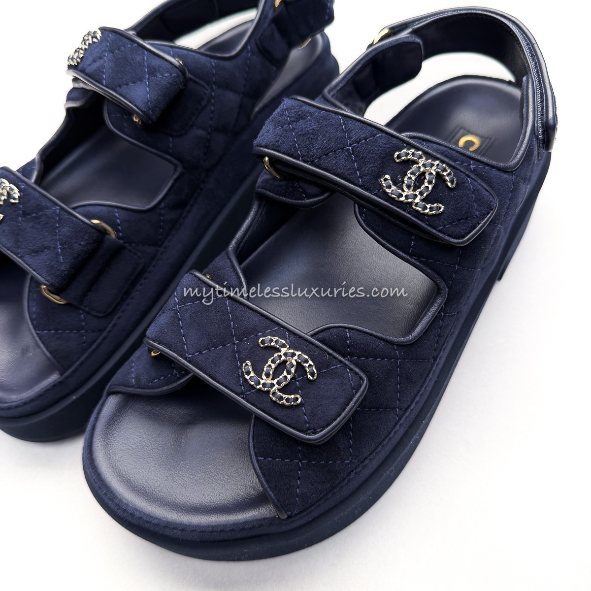 CHANEL Dk Blue Suede CC Dad Sandals 38 *New - Timeless Luxuries