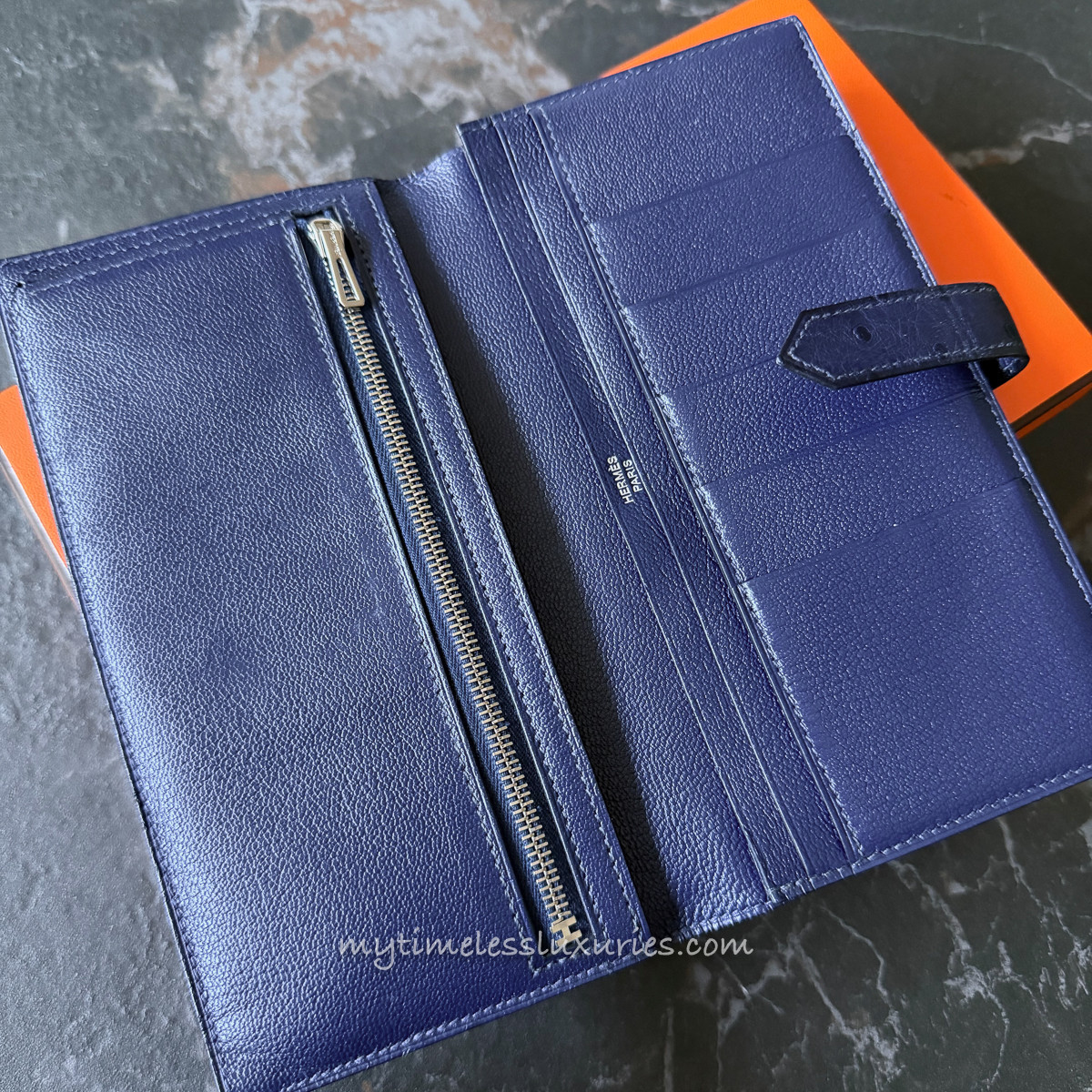 HERMES Bleu Saphir Ostrich Bearn Soufflet Wallet - Timeless Luxuries