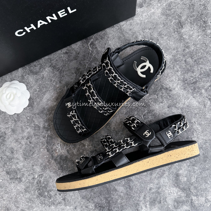 CHANEL CC Leather Sandals Interlaced Chain Straps 36.5 *New - Timeless ...
