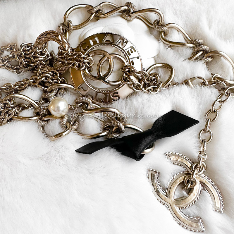 CHANEL 18B Leather Bow, Pearl & Medallion Chain Belt/ Necklace ...