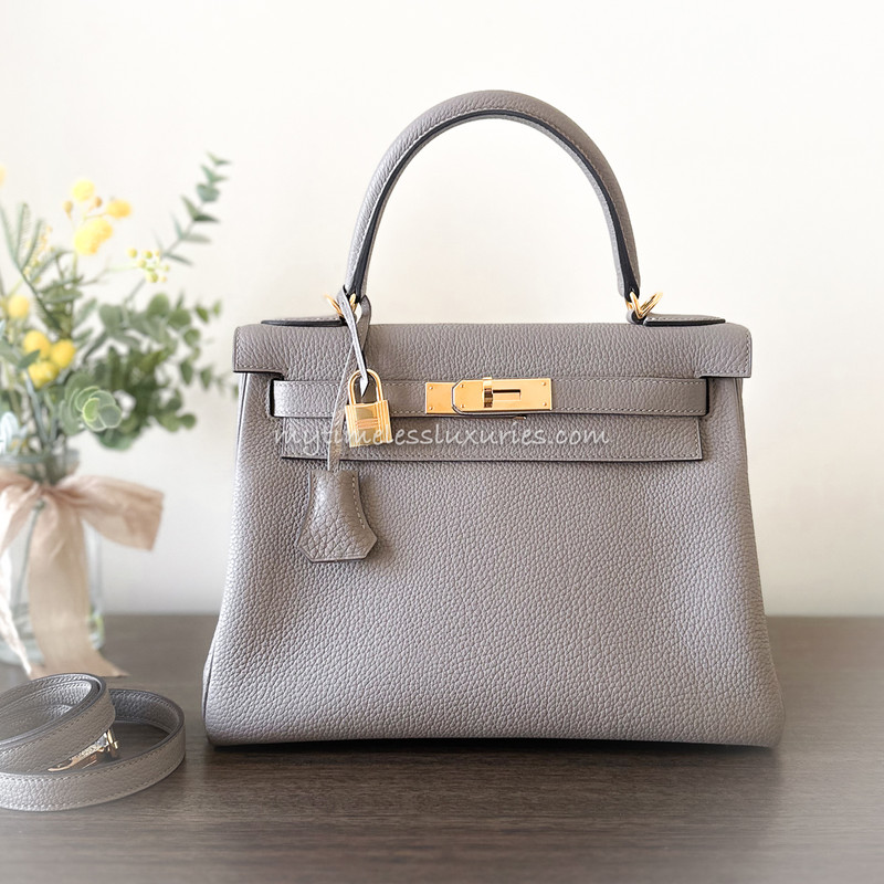 HERMES Kelly 28 Gris Asphalte Togo GHW - Timeless Luxuries
