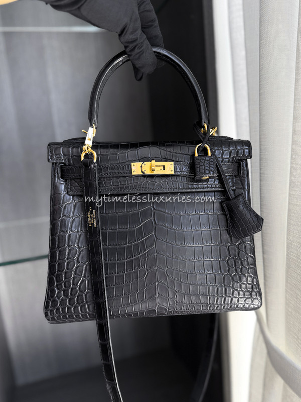 HERMES Kelly 25 Matte Crocodile Noir GHW - Timeless Luxuries