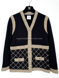 CHANEL 15K 'Brasserie Gabrielle' Silk/ Cashmere Cardigan Black/ Gold 36 ...