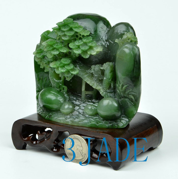 Natural Green Nephrite Jade Chinese Traditional Jade Mountain Statue ...