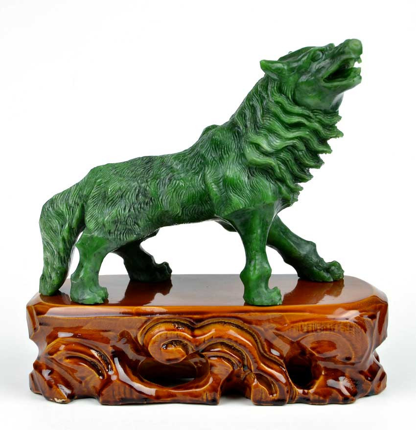 Green Nephrite Jade Wolf / Coyote Statue Detailed Carved Stone Wild ...