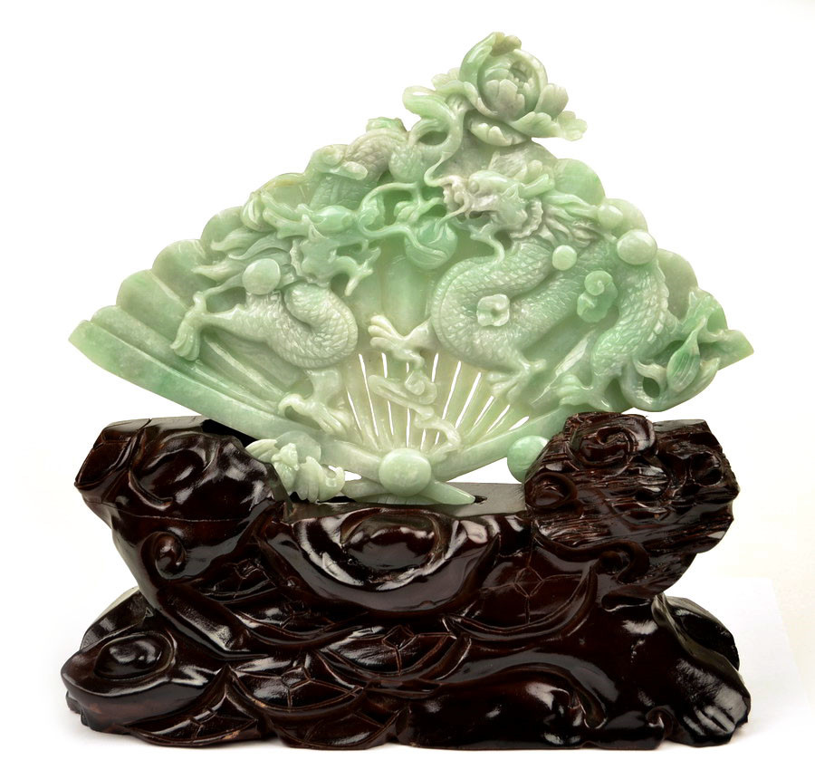 A Grade Jadeite Jade Playing Dragons Fan Statue Sculpture w ...