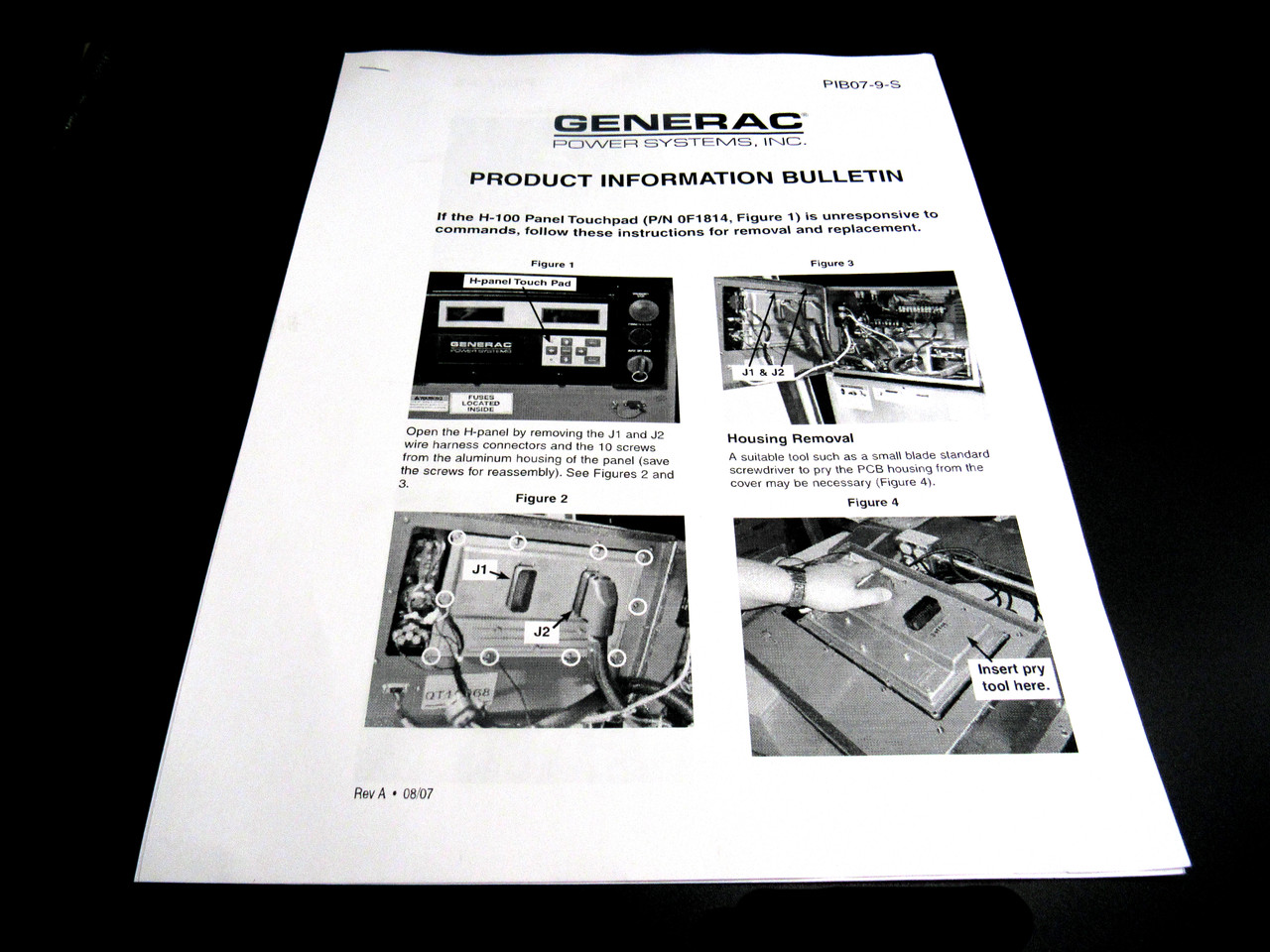 Generac Instruction H-100 Touchpad 0F1814 PIB079S