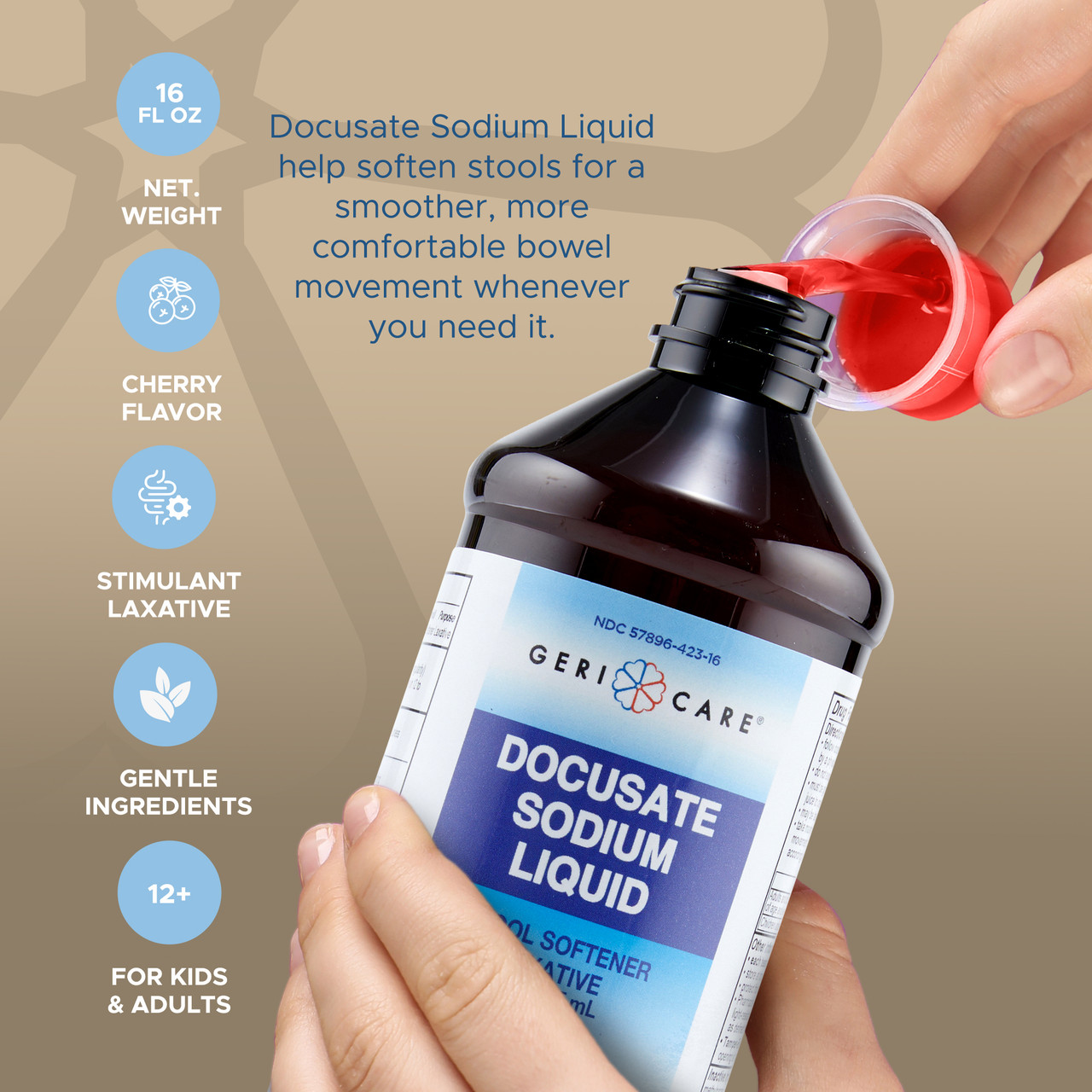 Geri-Care, Docusate, Sodium, Liquid, Stool, Softener, Laxative, 16 Fl Oz,